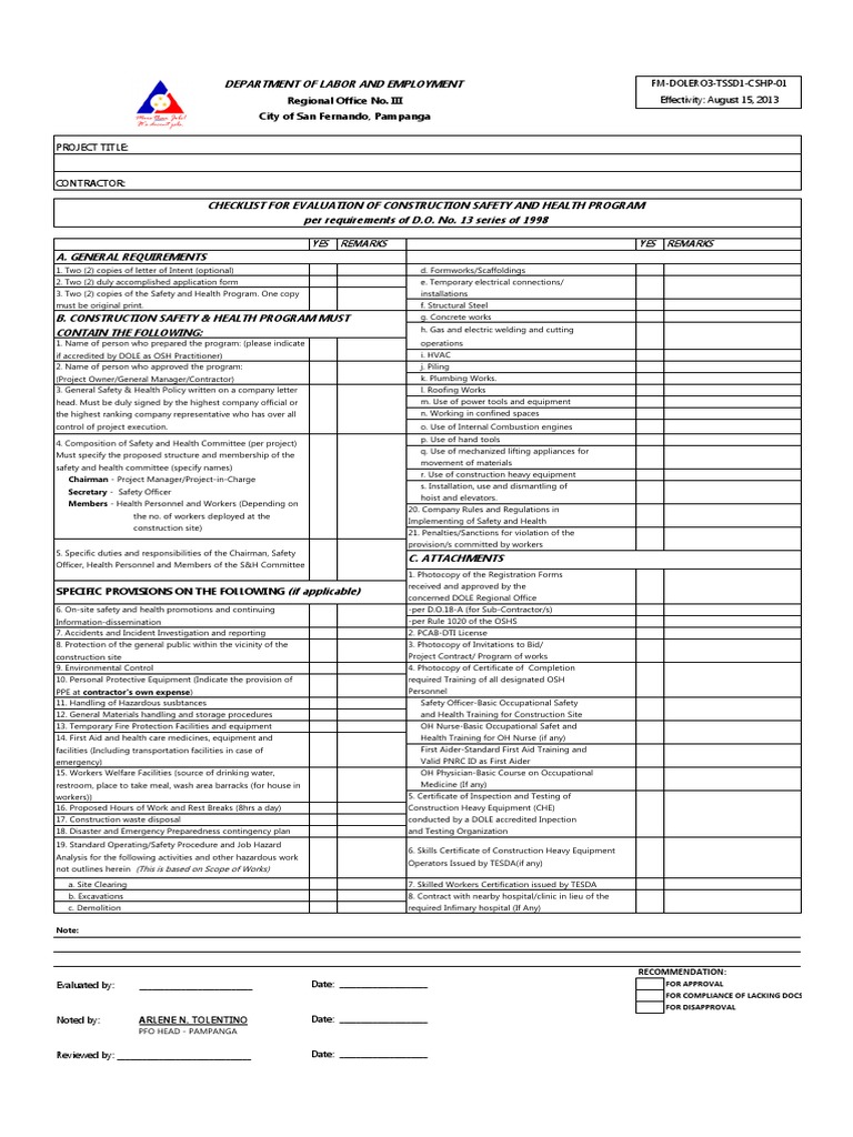 Department of Labor checklist for construction safety evaluation | PDF ...