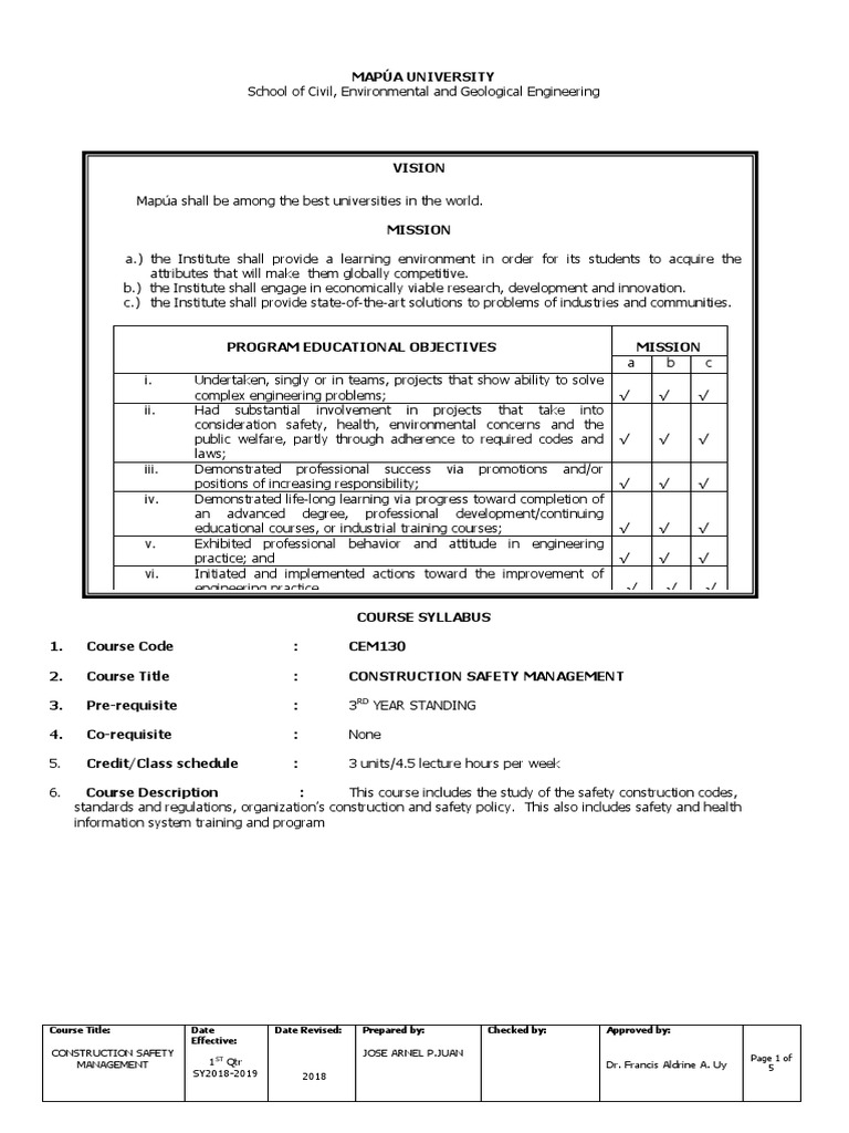 CEM130 Construction Safety Management - SYLLABUS | PDF | Occupational Safety And Health | Safety