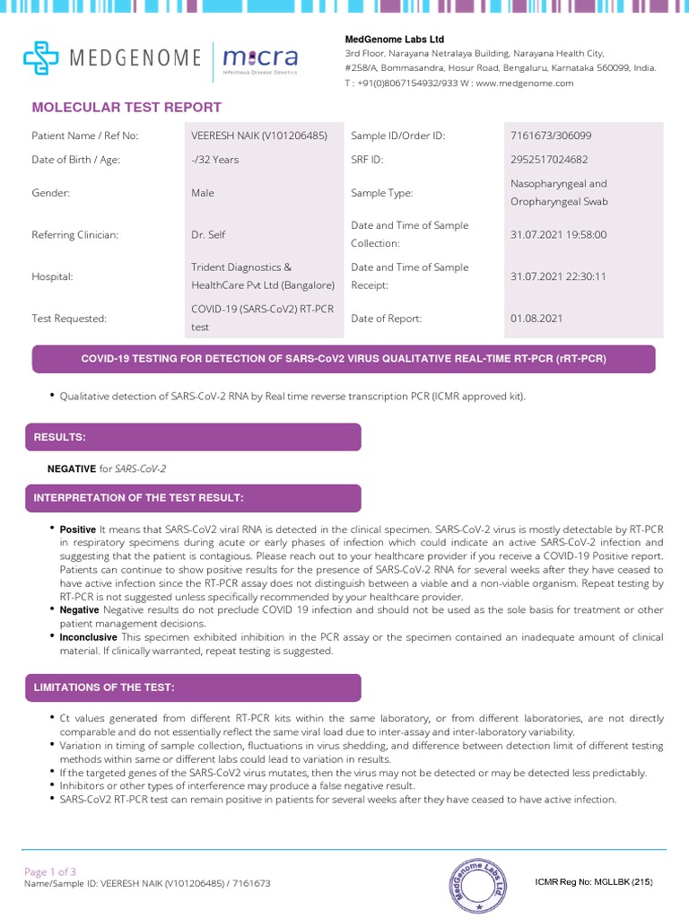 COVID-19 RT-PCR Test Report | PDF | Reverse Transcription Polymerase ...