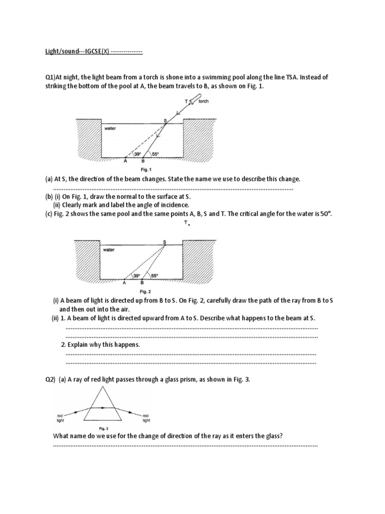 Light Worksheet IGCSE Physics | Download Free PDF | Mirror | Refraction