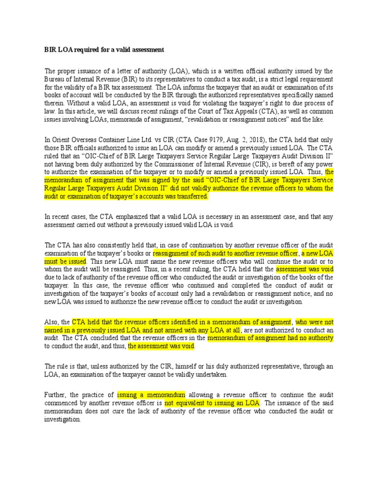 BIR LOA Required For A Valid Assessment | PDF | Audit | Internal ...