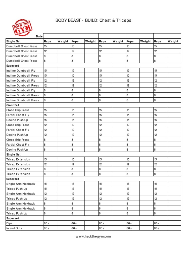Body Beast Build Chest Triceps Workout Sheet | PDF | Weight ...