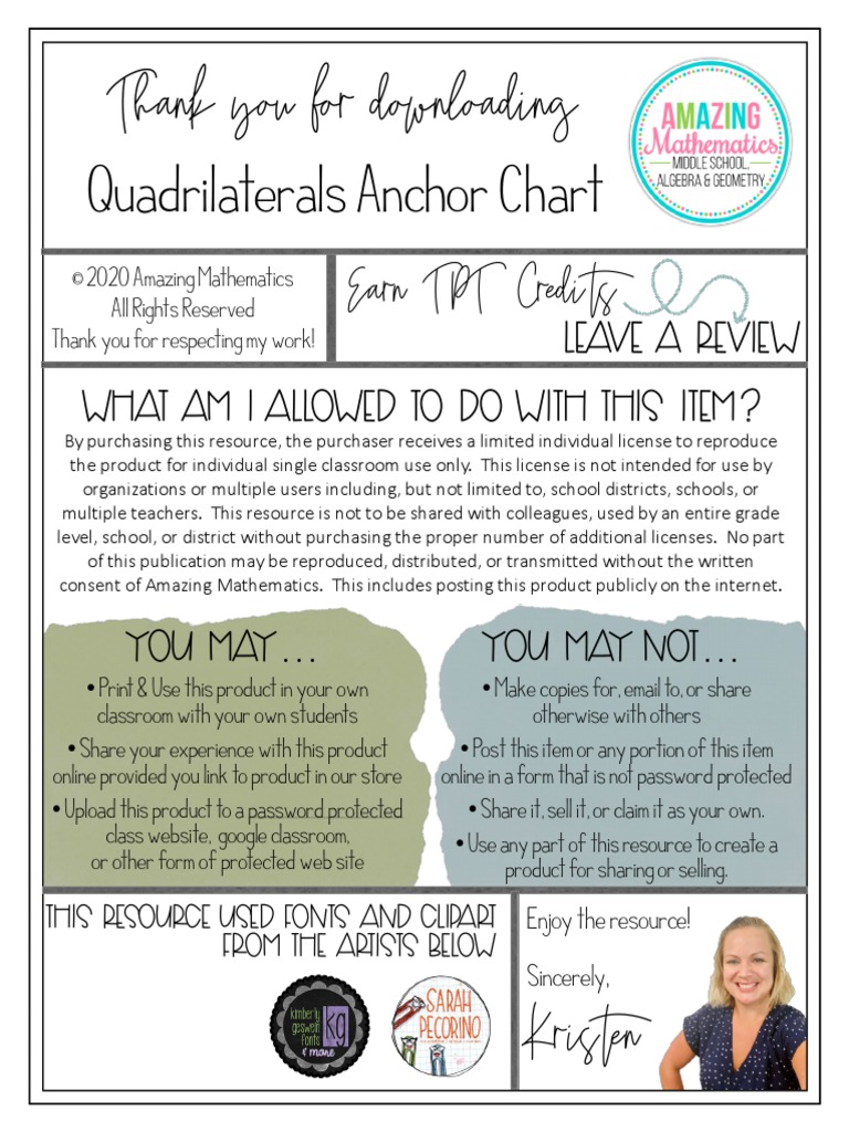 Quadrilaterals Anchor Chart: Thank You For Downloading | PDF ...