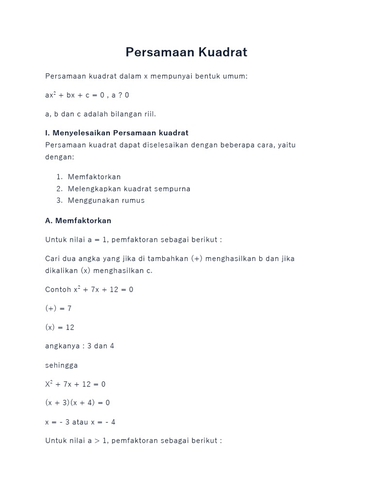 Materi Persamaan Kuadrat Tiu | PDF