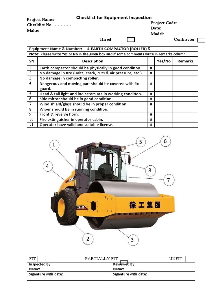Checklist For Equipment Inspection EARTH COMPACTOR (ROLLER) | PDF