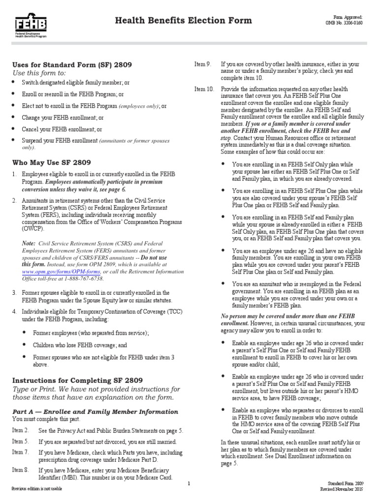 SF 2809 | PDF | Federal Employees Health Benefits Program | Medicare ...