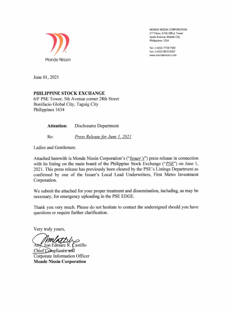 MONDE - Press Release - June 1, 2021 (PSE Disclosures Department ...