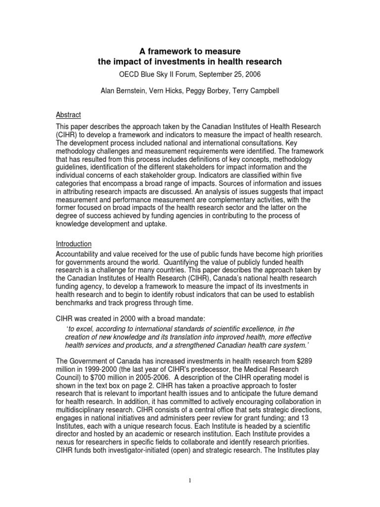 Measuring the Impact of Health Research: A Framework Developed by the ...