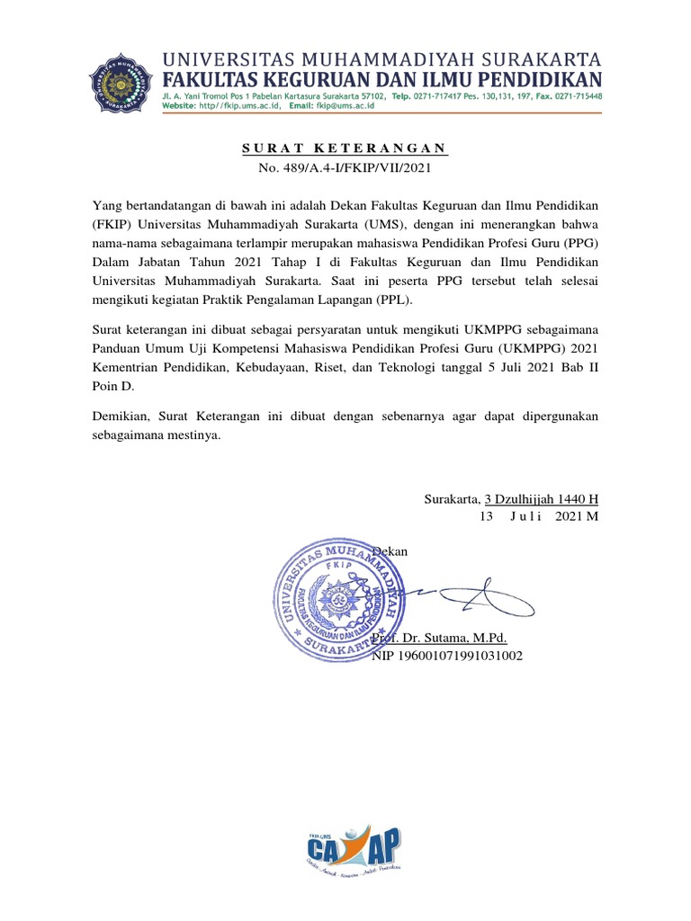 Surat Keterangan Mahasiswa PPG UMS | PDF
