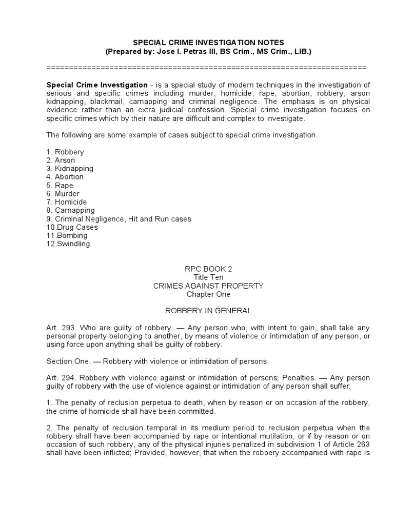 Special Crime Investigation Notes (Prepared By: Jose I. Petras Iii, Bs ...