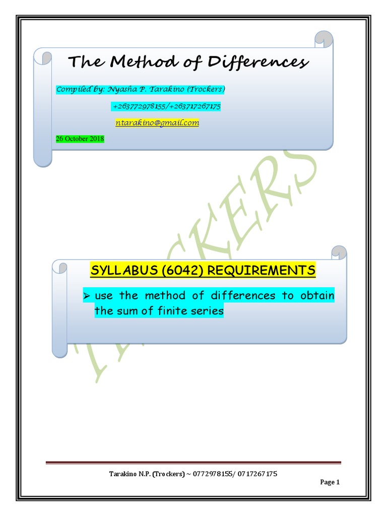 The Method of Differences Notes by Trockers | PDF | Series (Mathematics ...