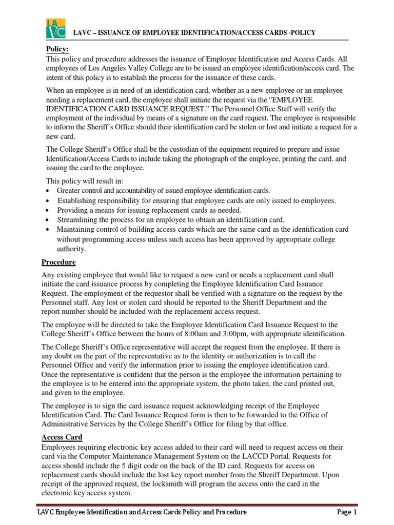 Employee Identification and Access Cards Policy and Procedure | PDF ...