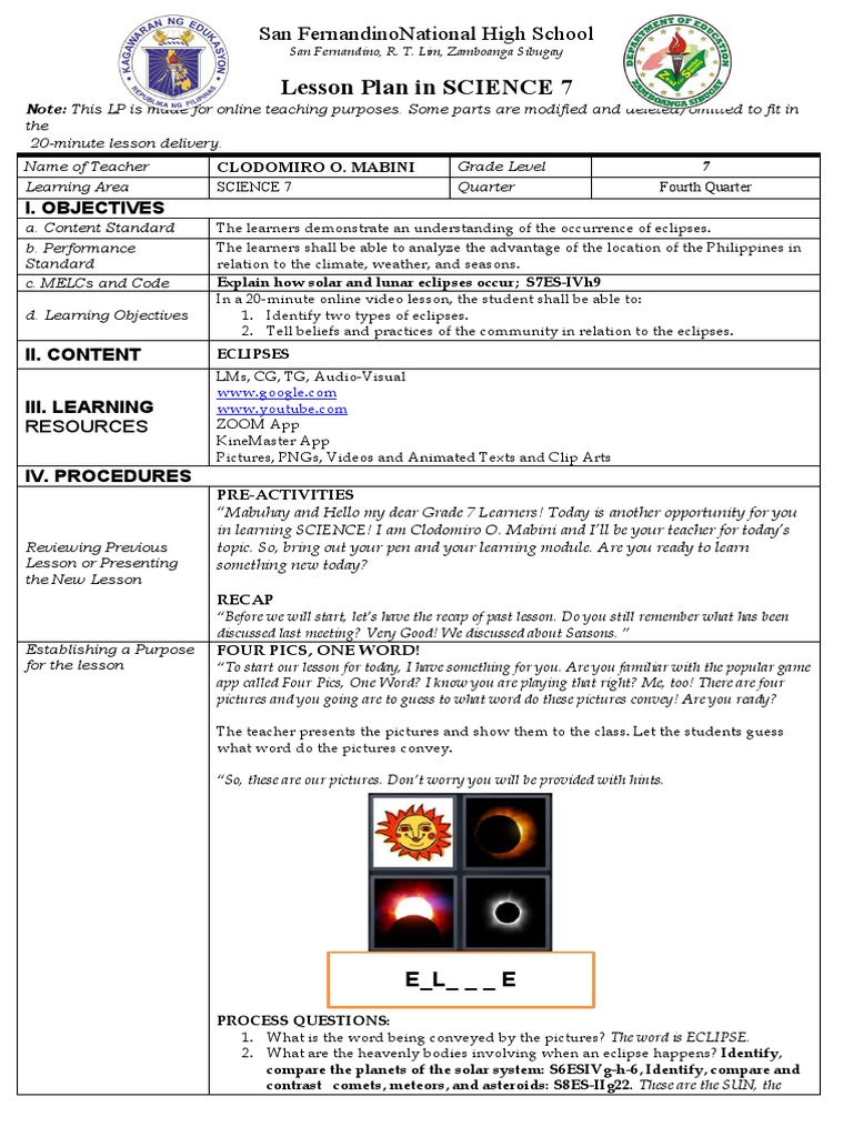 Grade 7 Eclipse Lesson Plan | PDF | Solar Eclipse | Eclipse