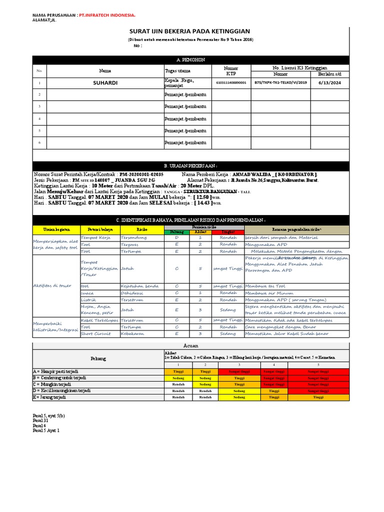 Izin Kerja Ketinggian PT. Infratech | PDF