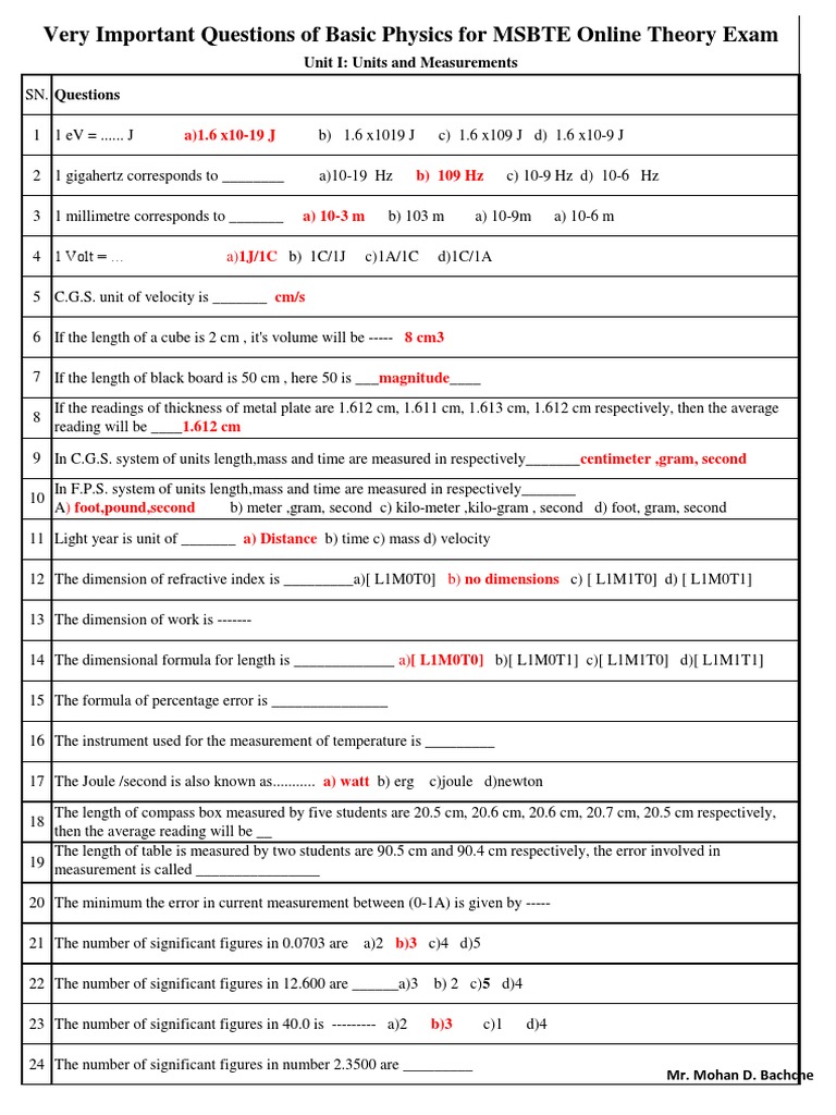 VIMP Basic Science Physics MCQ MSBTE | PDF | P–N Junction | Diode