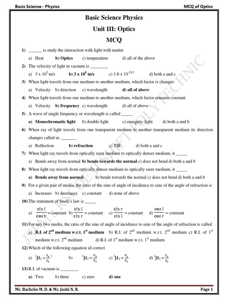 3.2 Question Bank MCQ Optics | PDF | Refractive Index | Optical Fiber