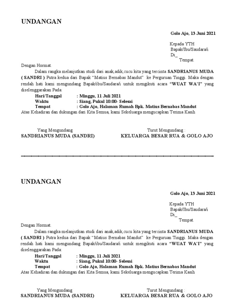 Contoh Surat Undangan Pesta Sekolah Manggarai | PDF