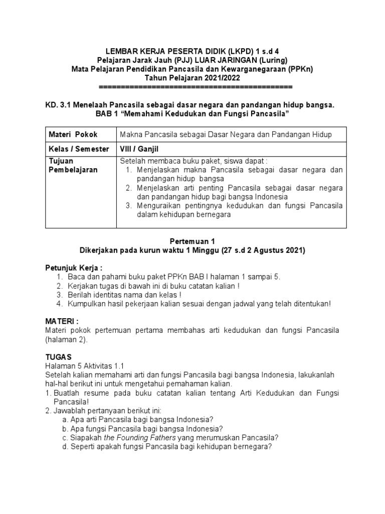 LEMBAR KERJA PESERTA DIDIK MAPEL PPKN PERTEMUAN I | PDF