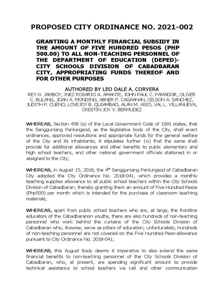Proposed City Ordinance No. 2021 002 Granting Financial Subsidy To ...