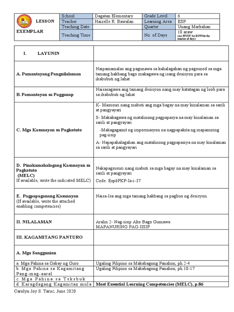 Esp 6 Le q1 Week 1 | PDF
