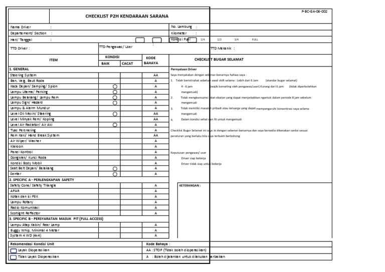 Checklist P2H Kendaraan Operasional | PDF