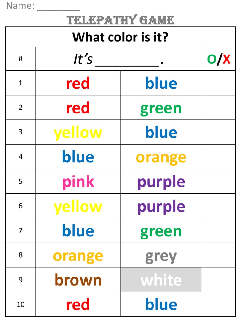 What Color Is It Telepathy Game Answer Sheet | PDF