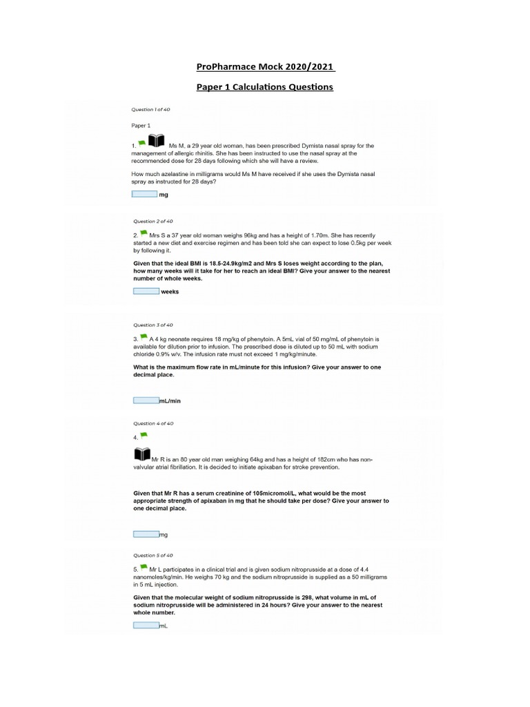 Propharmace Mock 2020/2021 Paper 1 Calculations Questions | PDF | Computers