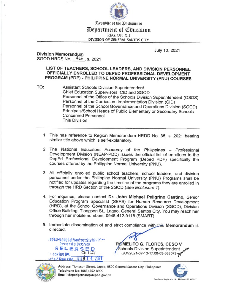 DIVISION MEMO 465 S. 2021 LIST OF TEACHERS SCHOOL LEADERS AND DIVISION ...