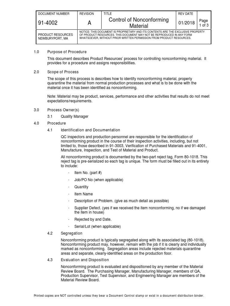 Control of Nonconforming Material Rev - A 1 | PDF | Business