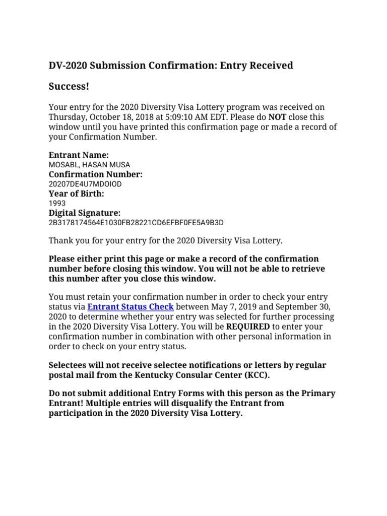 DV-2020 Lottery Entry Confirmation | PDF