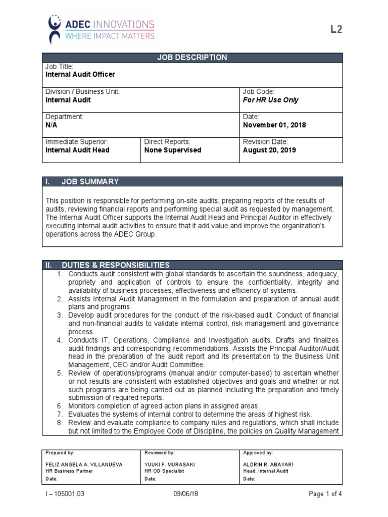 JD - Internal Audit Officer - August 2019 | Download Free PDF ...