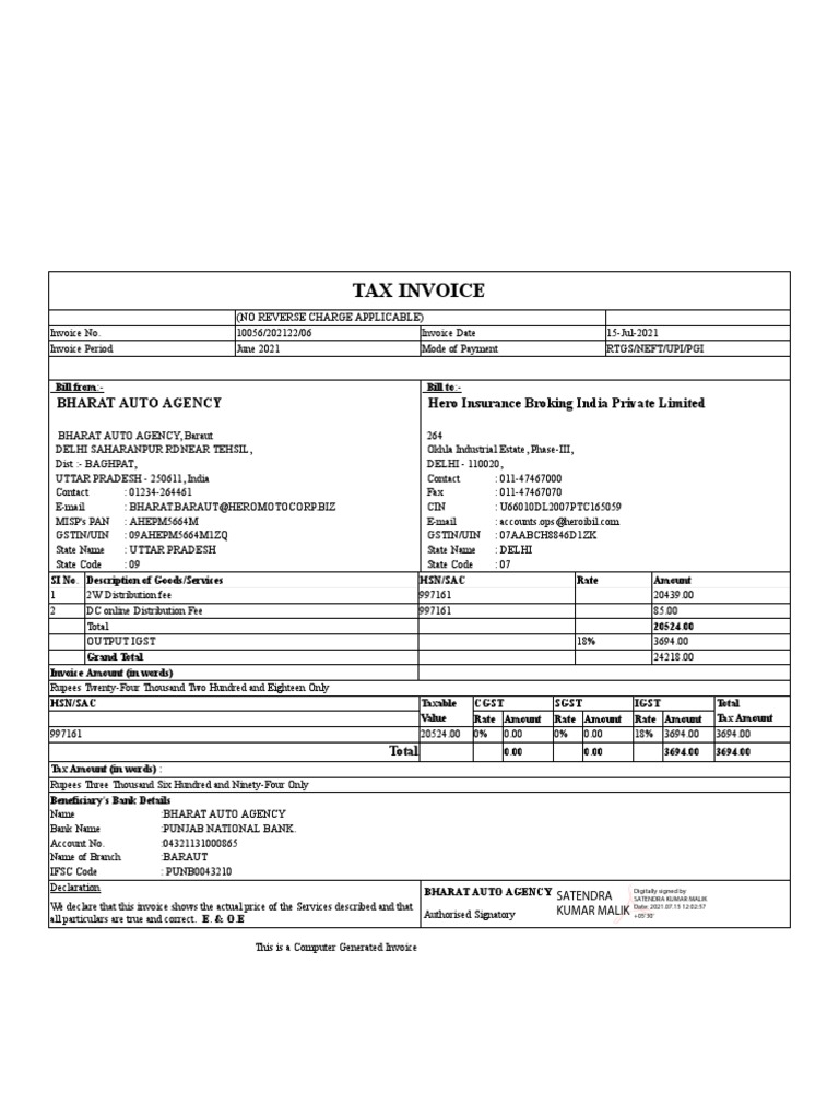 Tax Invoice: Bharat Auto Agency Hero Insurance Broking India Private ...