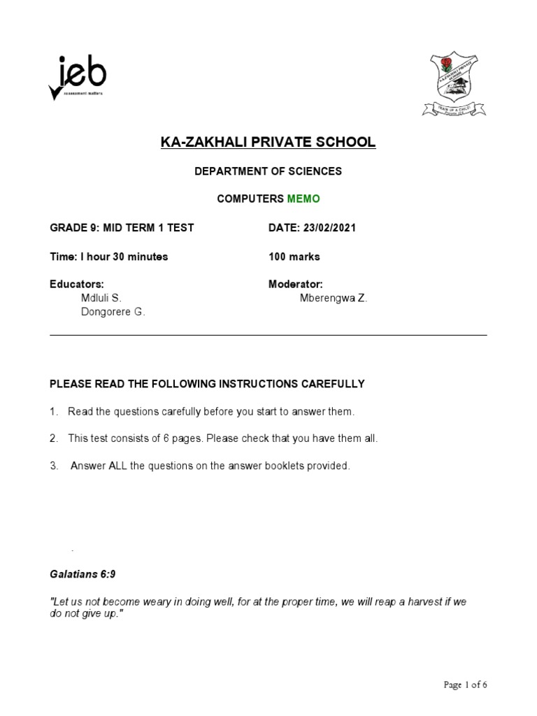 G9 End of Term 1 - MEMO | PDF | Computer Data Storage | Input/Output