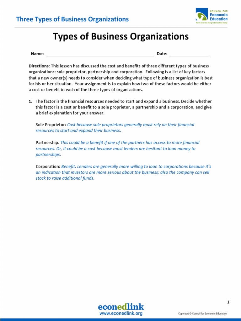 Types of Business Organizations Individual Activity Answers | PDF ...