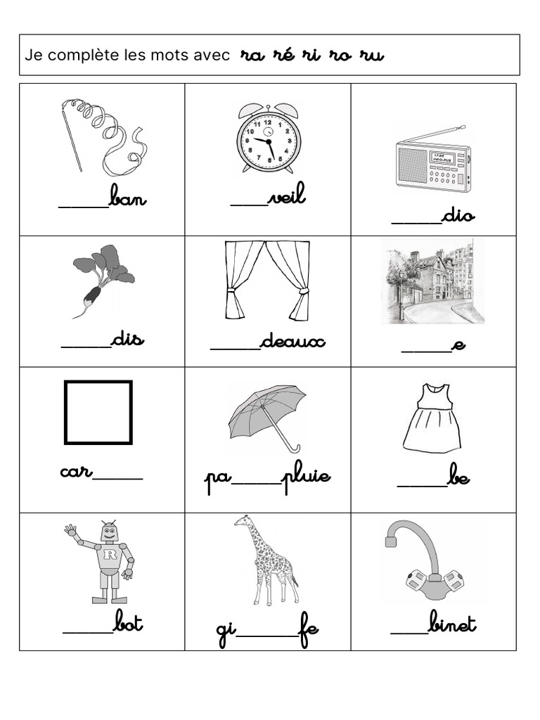 Ra Ré Ri Ro Ru: Je Complète Les Mots Avec | PDF