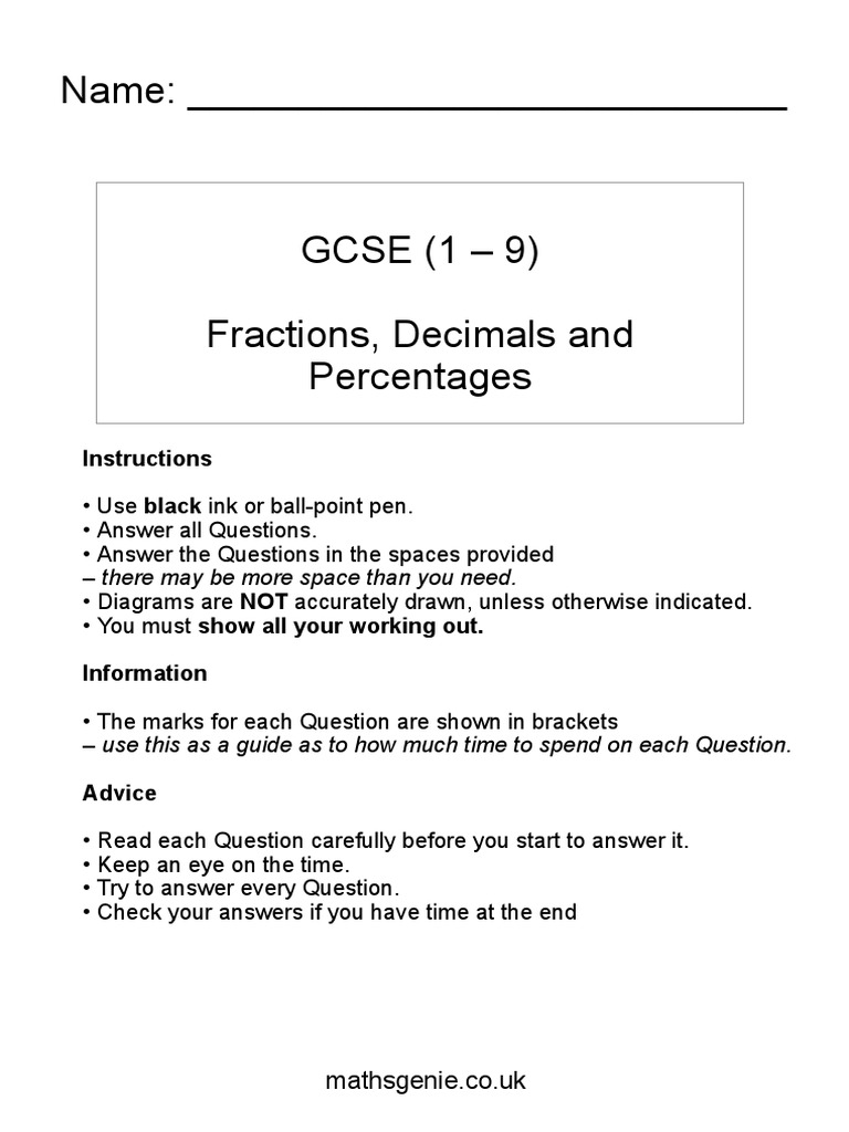 2.5 Fractions-Decimals-And-Percentages | PDF | Percentage ...