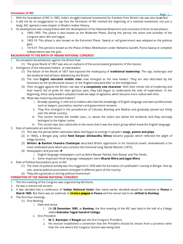 Modern History - U06 - CH02 - INC Formation | PDF | Indian National ...