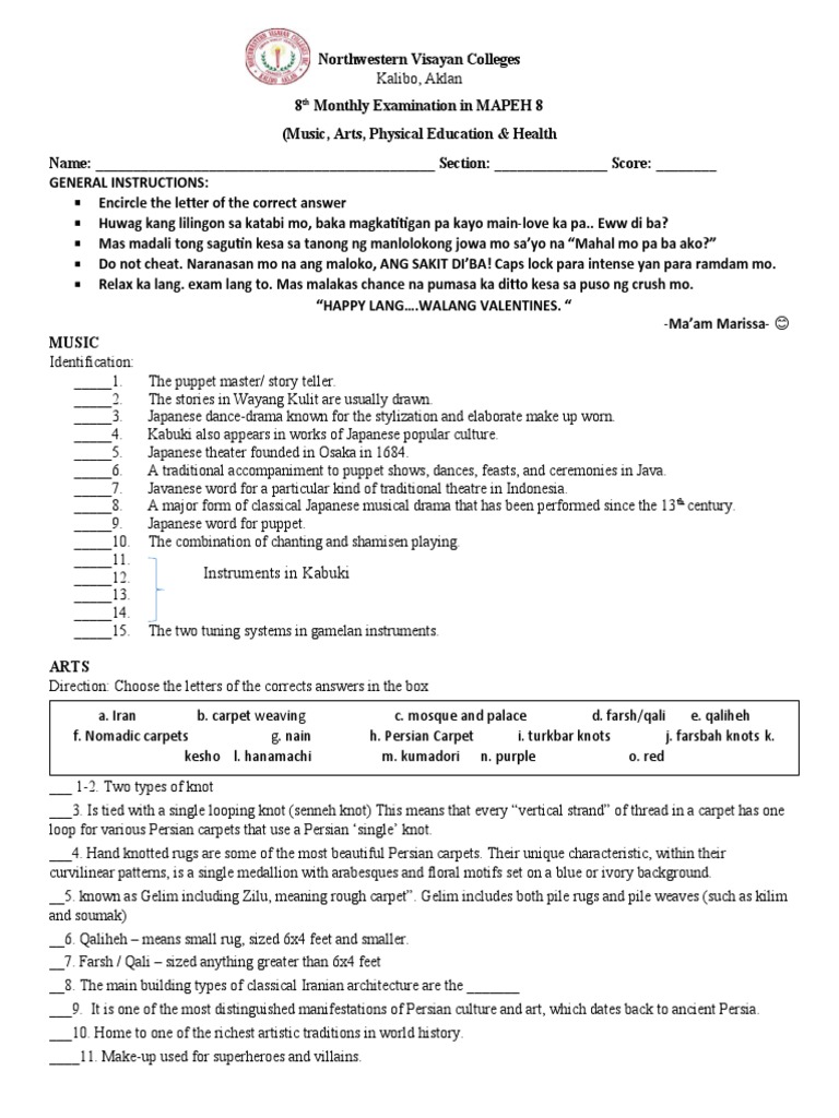 MAPEH 8 Monthly Exam Overview | PDF | Infection | Carpet