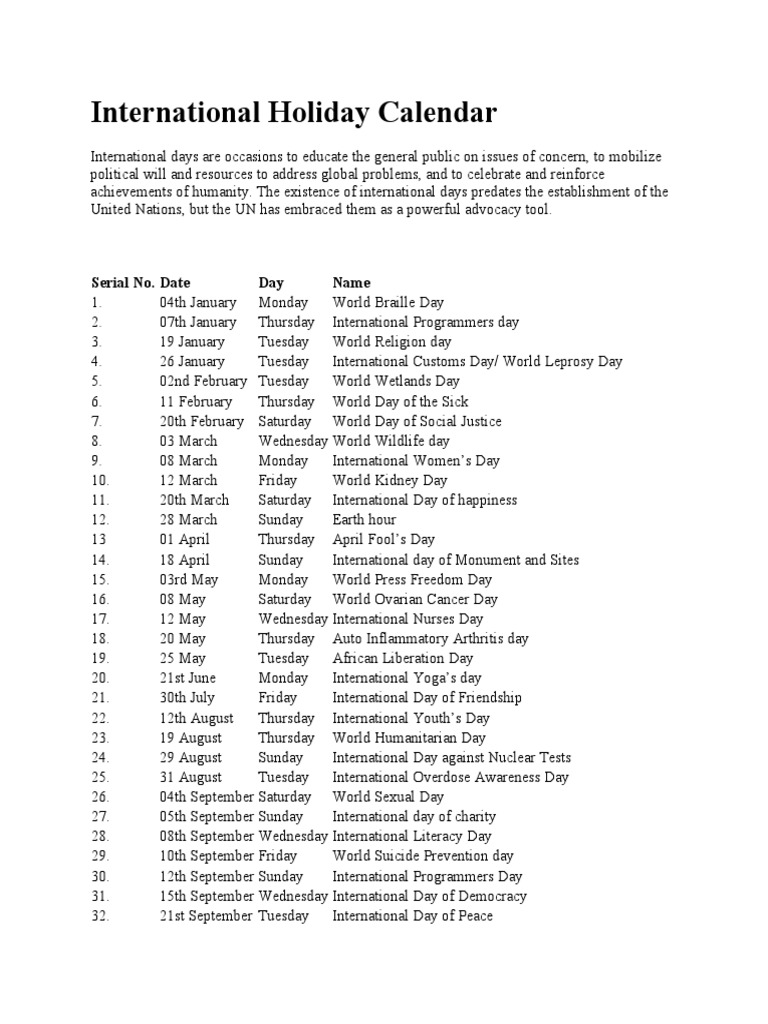 International Holiday Calendar PDF | PDF | Wellness | Medical