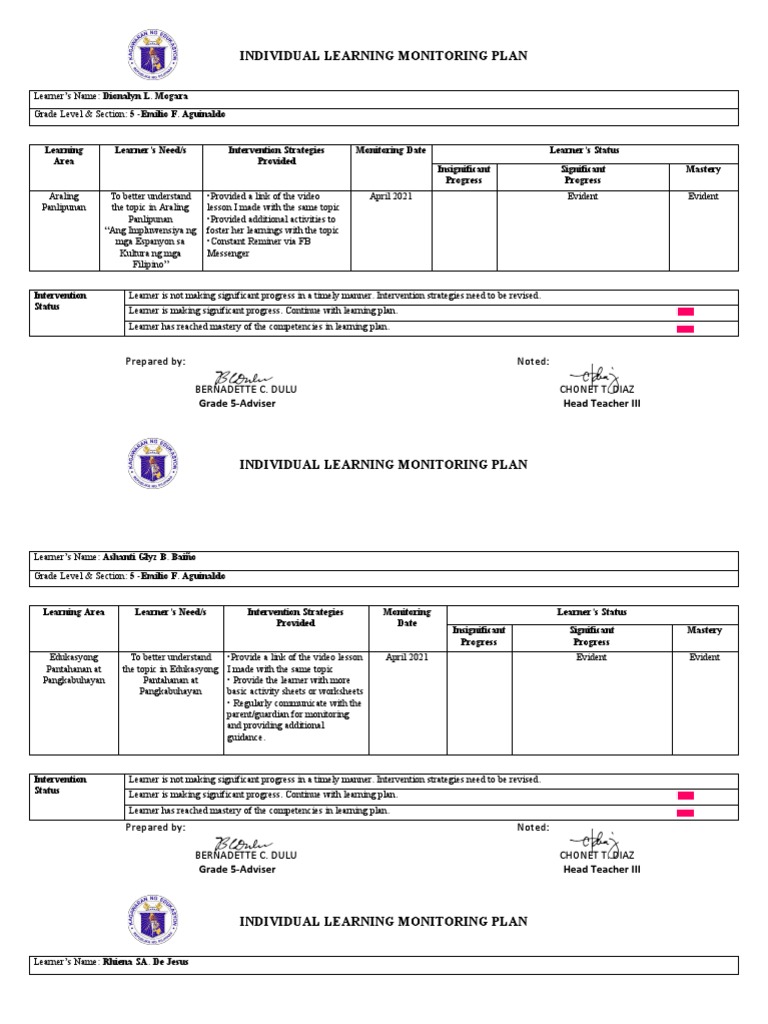 Individual Learning Monitoring Plan S.Y. 20-21 | PDF | Behavior ...
