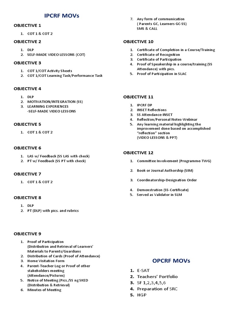 Ipcrf Movs: Objective 1 | PDF | Educational Psychology | Behavior Modification