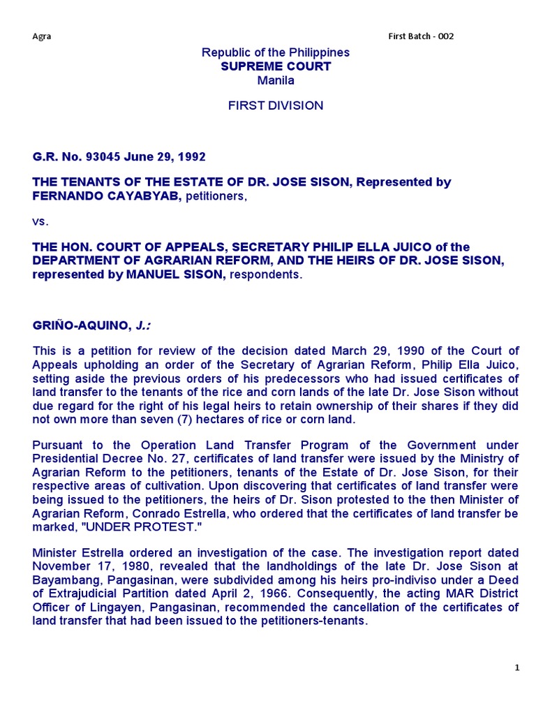 Agrarian Reform Case: Sison Heirs vs. Tenants | PDF | Estoppel | Lease