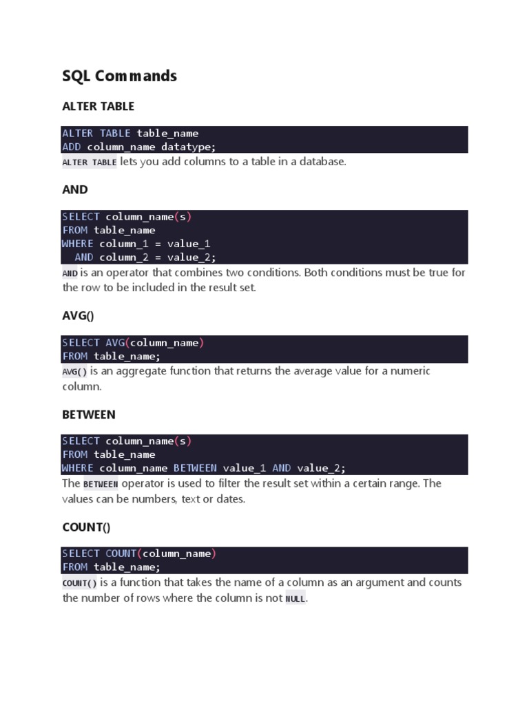 Sql Commands Alter Table Pdf Table Database Data Management 4544