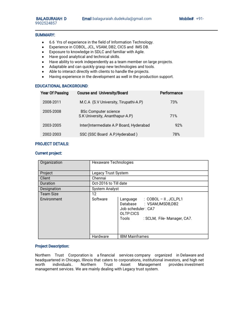 Bala Resume - Mainframe Developer | PDF | Data Management | Data Management Software