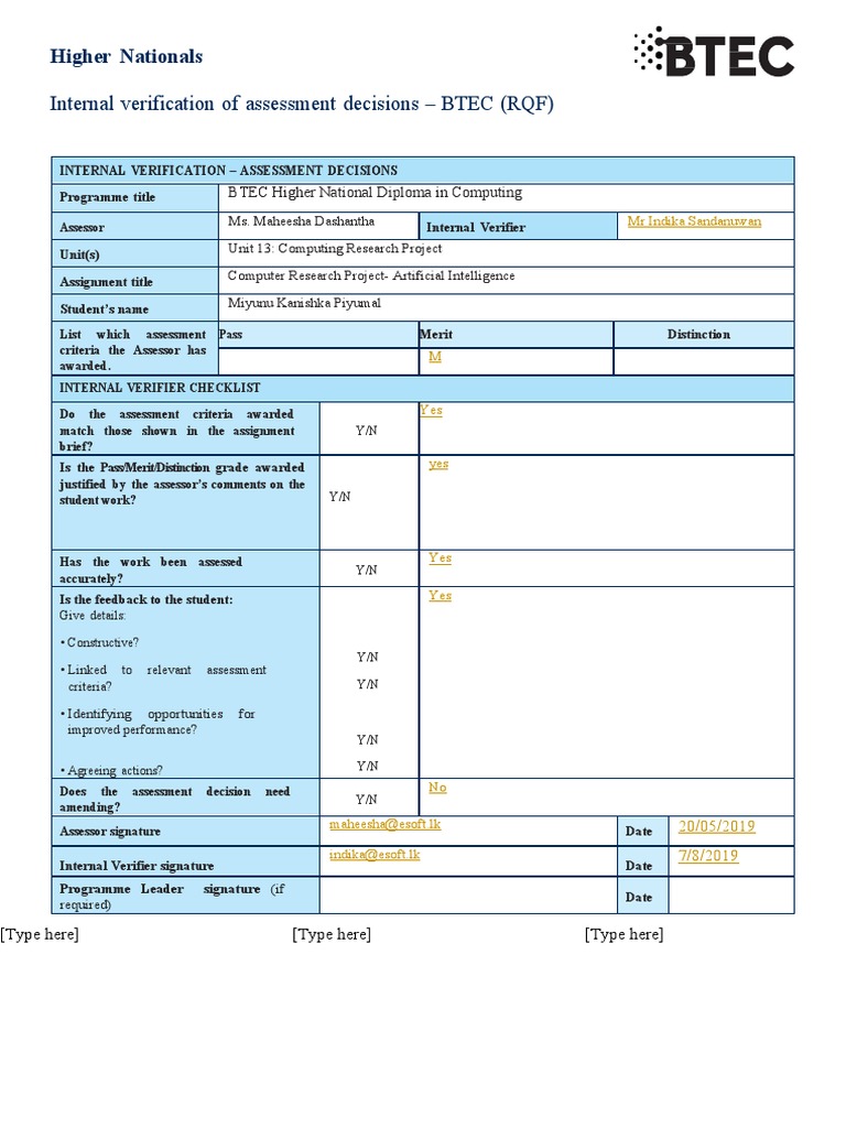 Internal Verification of Assessment Decisions - BTEC (RQF) : Higher Nationals | PDF | Artificial ...