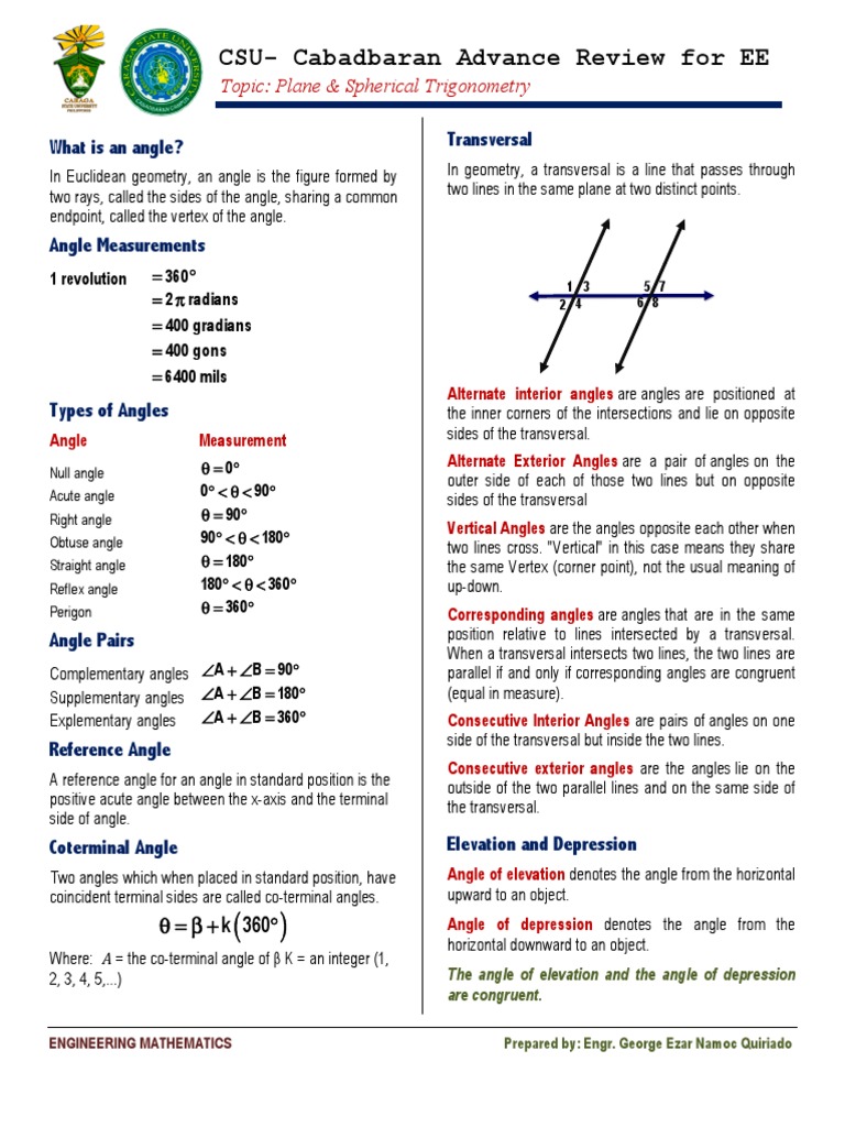 Plane and Spherical Trigonometry Reviewer | PDF | Triangle ...
