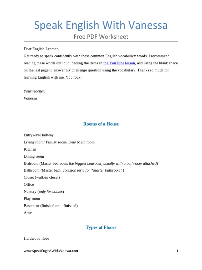 Speak English Vocabulary Worksheet | PDF | Bedroom