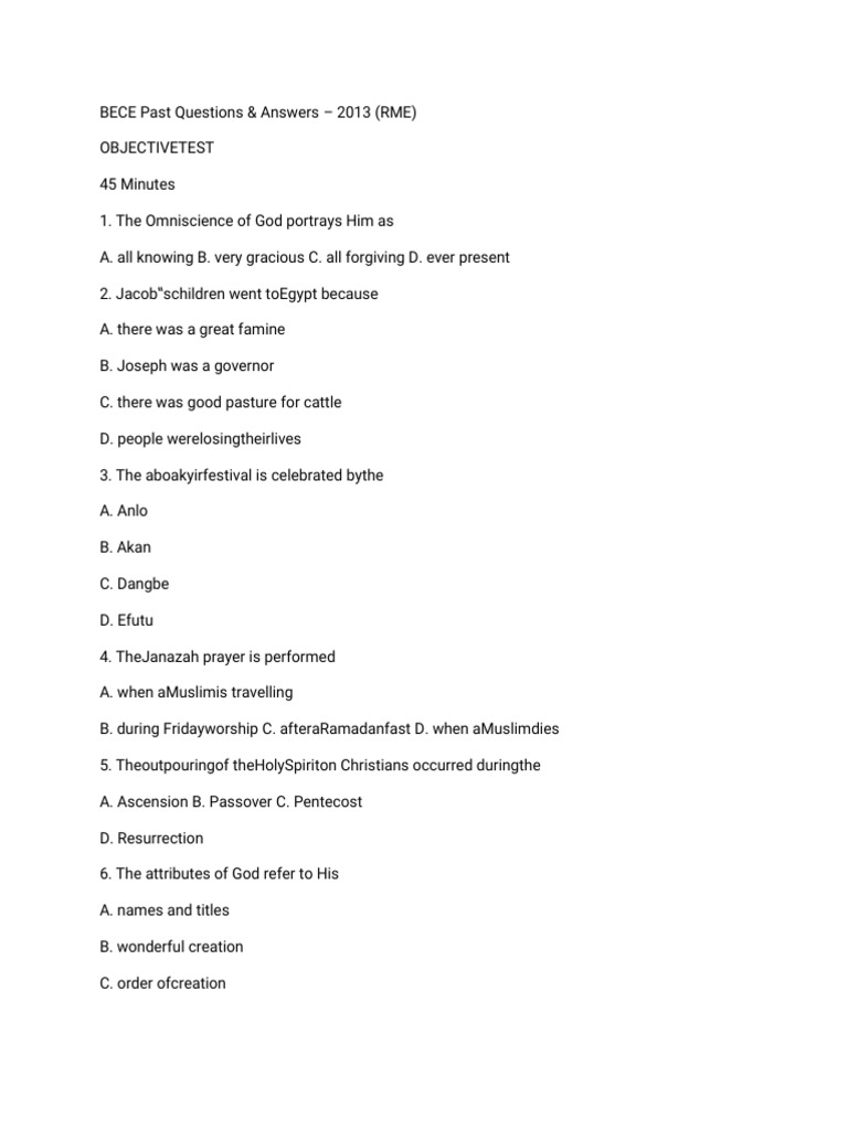 BECE Past Questions RME Objectives 2013-WPS Office | PDF | Nature