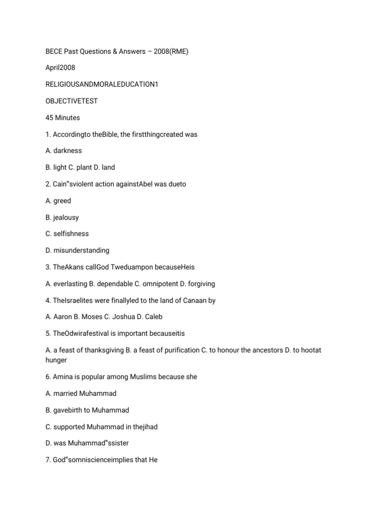 BECE 2008 RME Past Questions & Answers | PDF