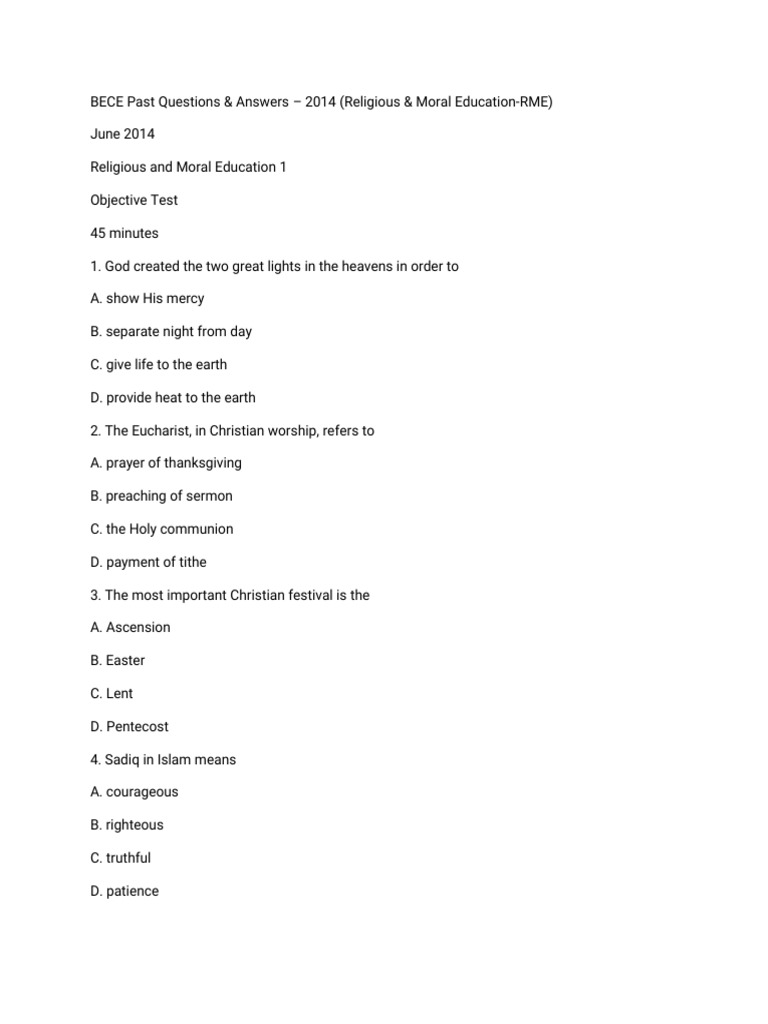 BECE 2014 RME Past Questions & Answers | PDF